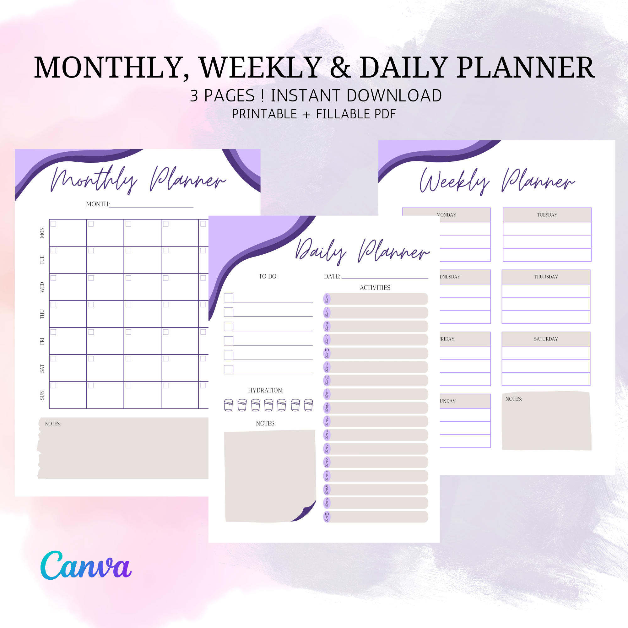 EDITABLE Daily, Weekly & Monthly Planner CANVA Template, Printa...