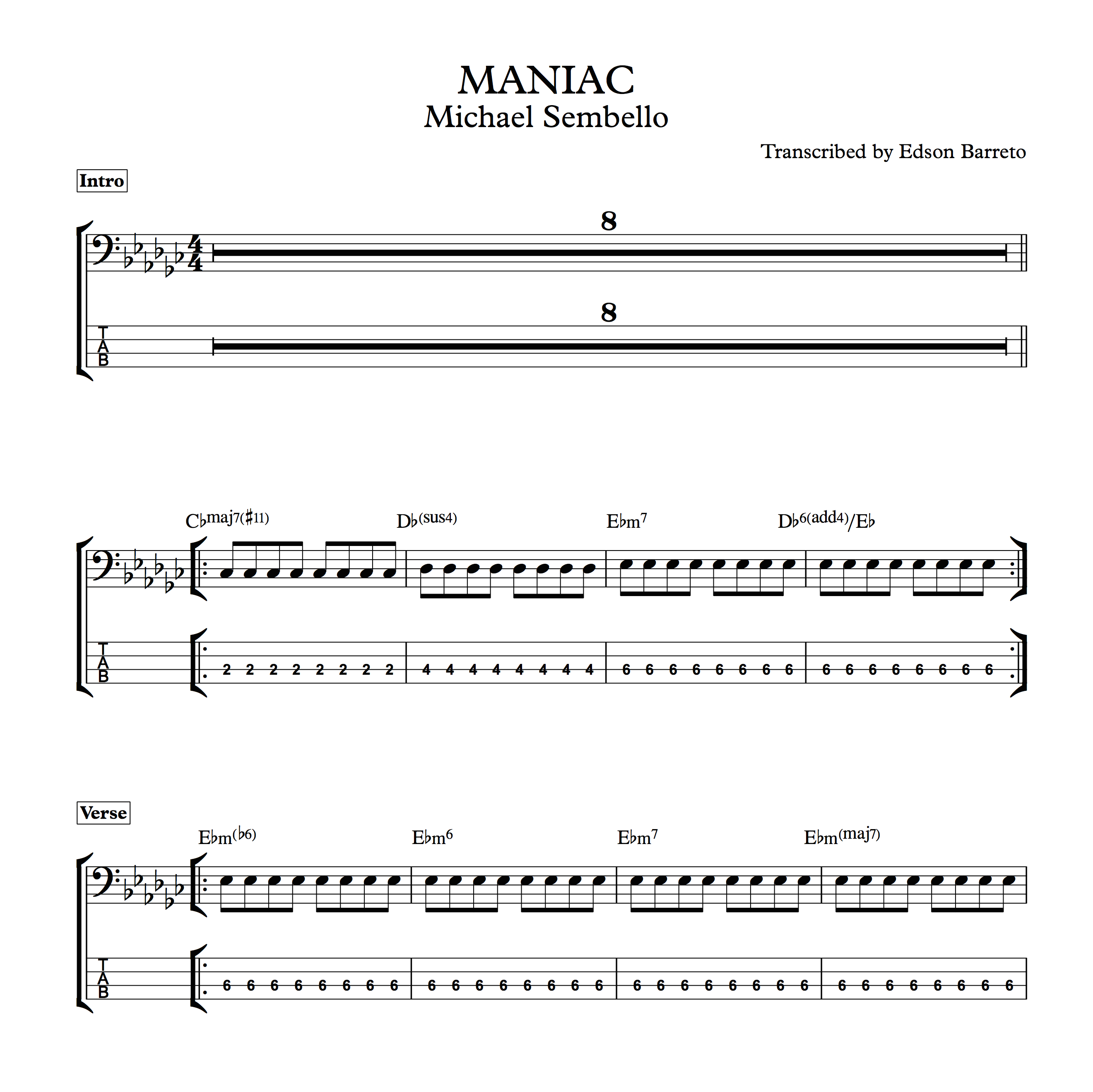 MANIAC (Michael Sembello) Bass Transcription, Score & Tab Lesson