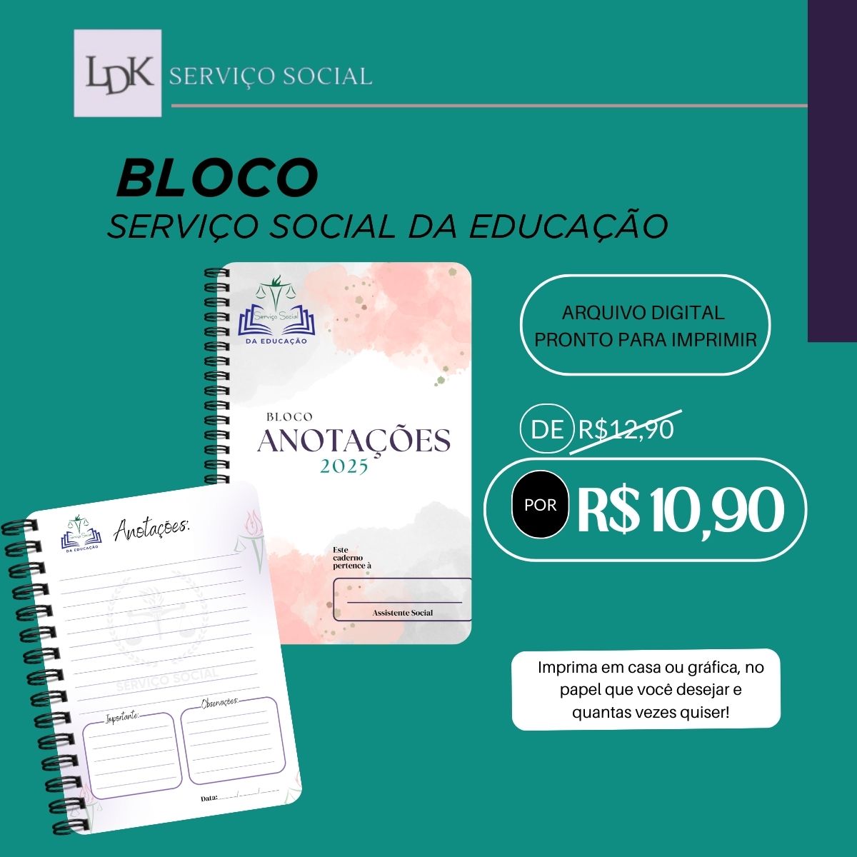 Bloco de Notas Digital para Imprimir Serviço social da Educação