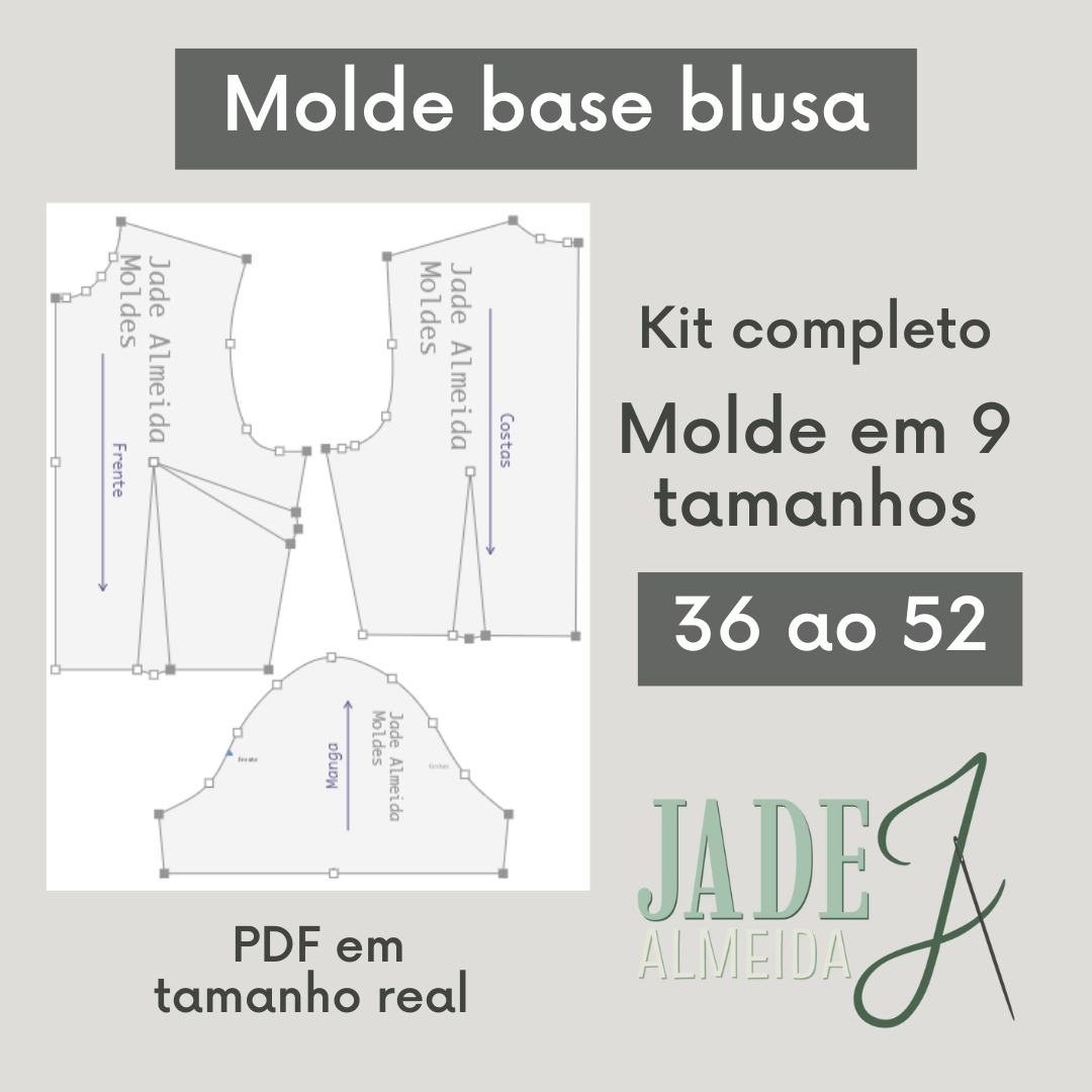 Molde Base Blusa com Manga curta- Kit completo tamanho 36 ao 52 - J...