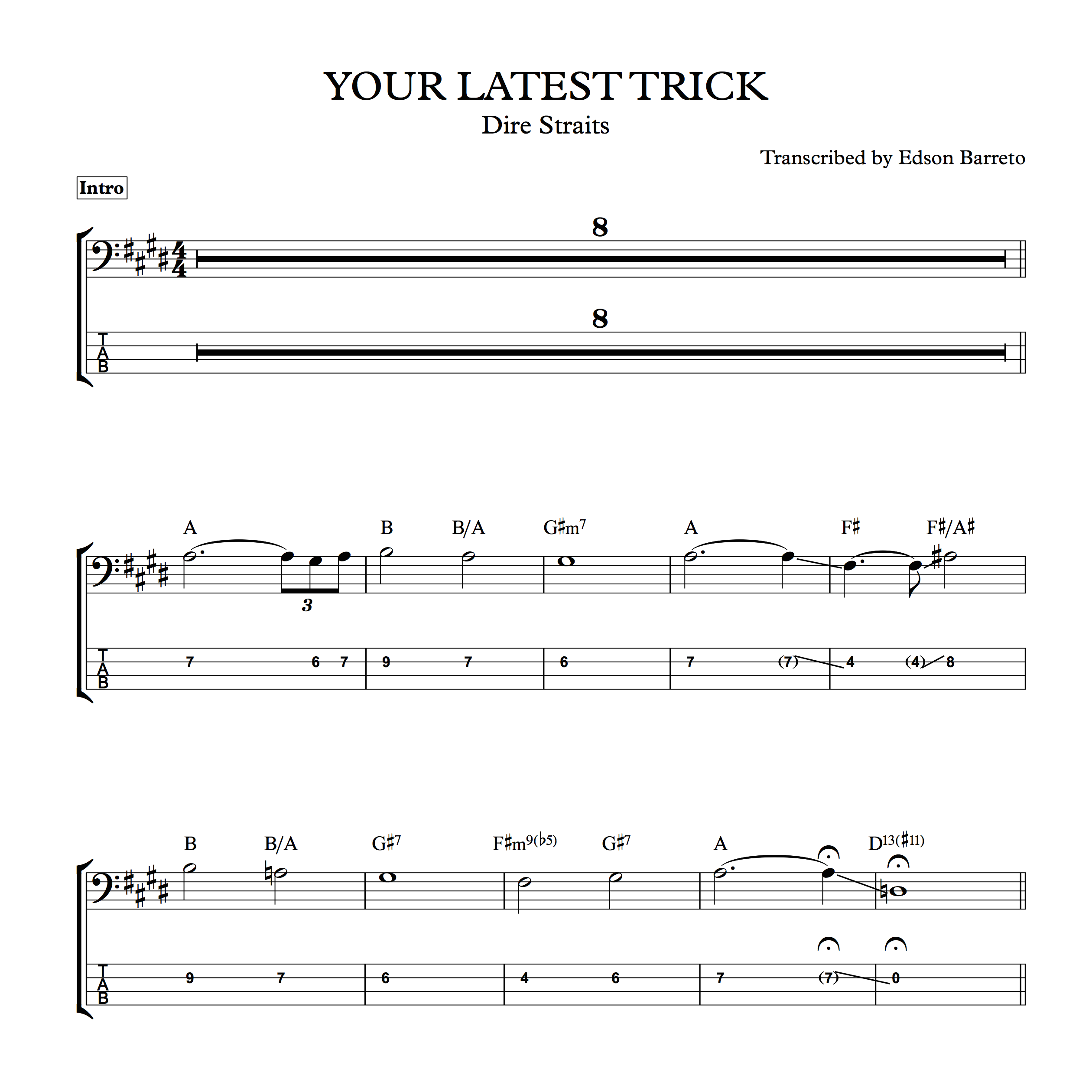 YOUR LATEST TRICK (Dire Straits) Bass Transcription, Score & Tab Lesson