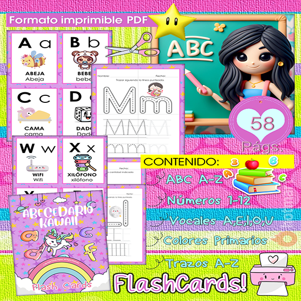 Flash Cards : Kawaii Abecedario, Vocales, Números - Angy P. Lopez.