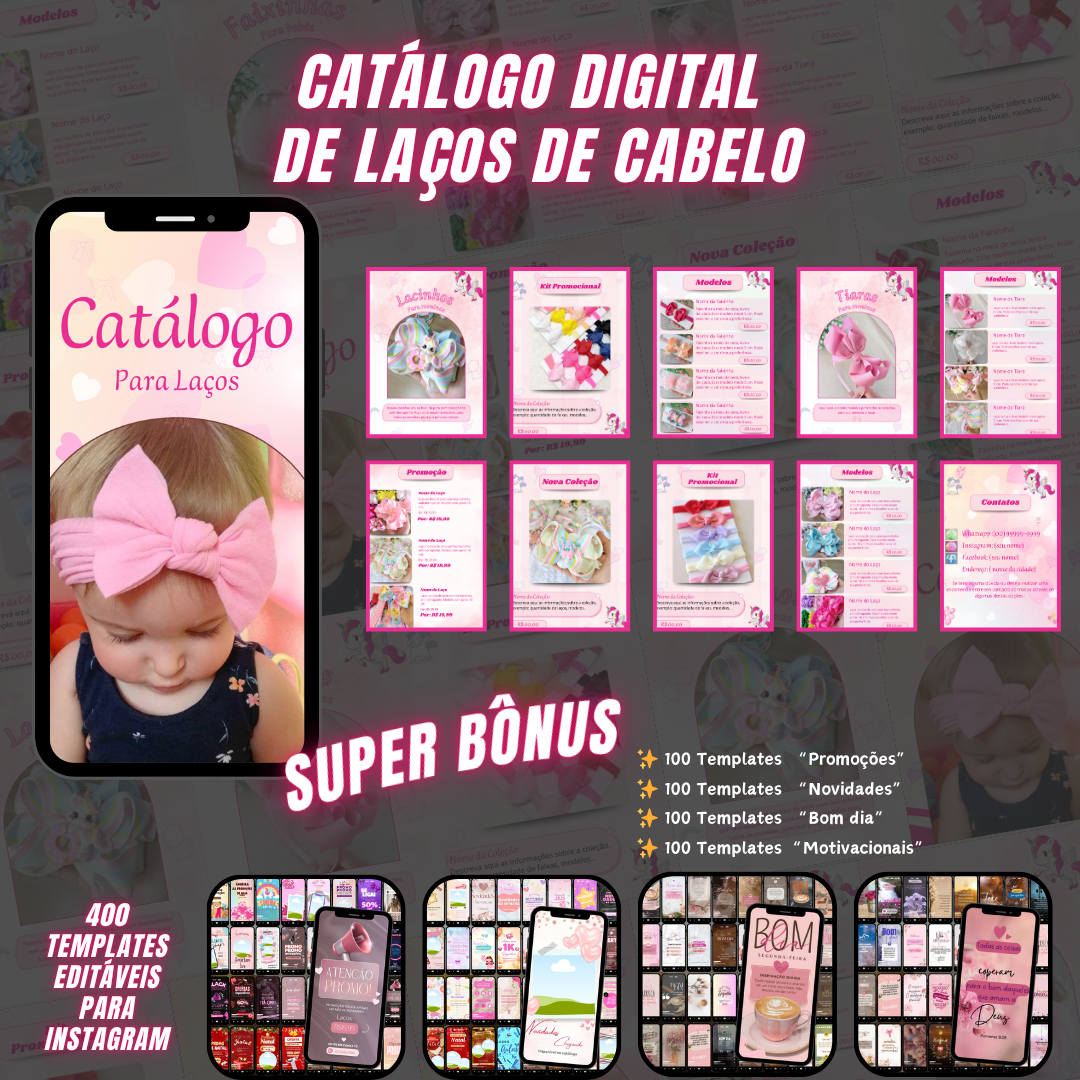 Catálogo Digital de Laços de Cabelo + 400 Templates editáveis para ...