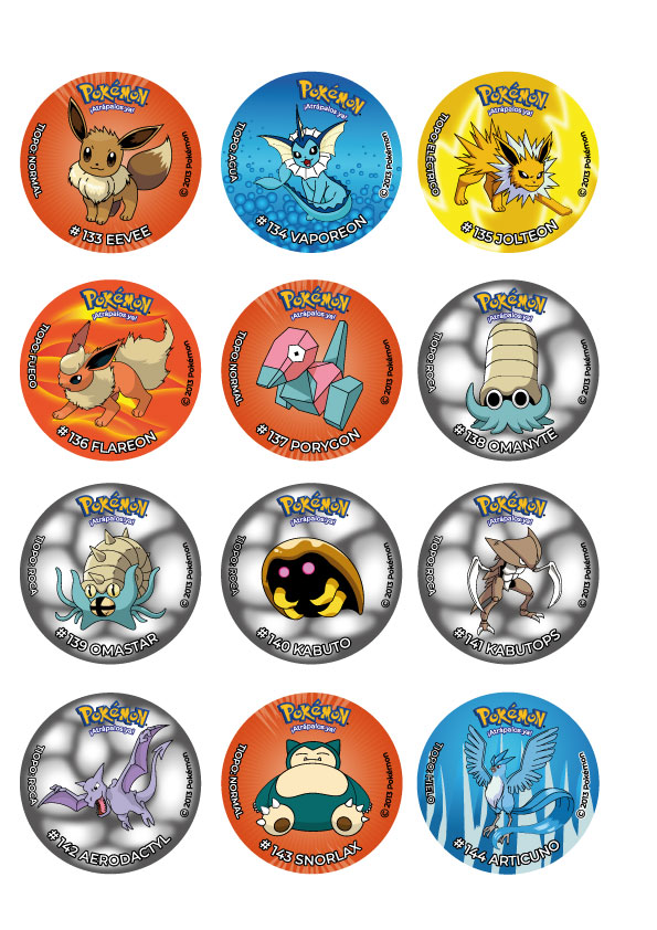 Ilustración digital de los Tazos Pokémon del nro.133 al 144. (Vecto...