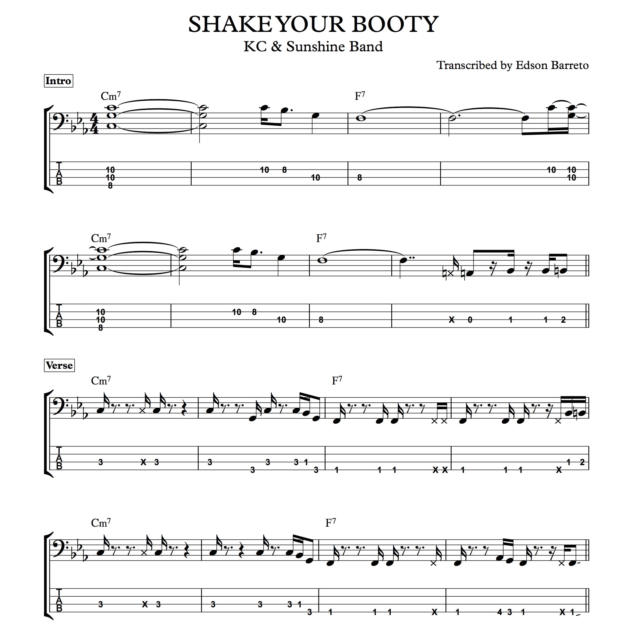 SHAKE YOUR BOOTY (KC & The Sunshine Band) Bass Score & Tab Lesson