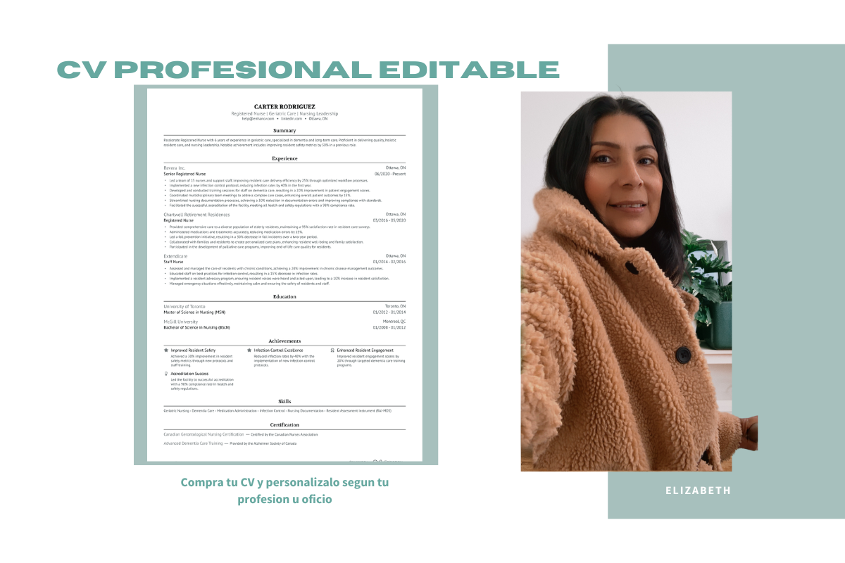 CV Profesional editable para Enfermera - Elizabeth mroz | Hotmart