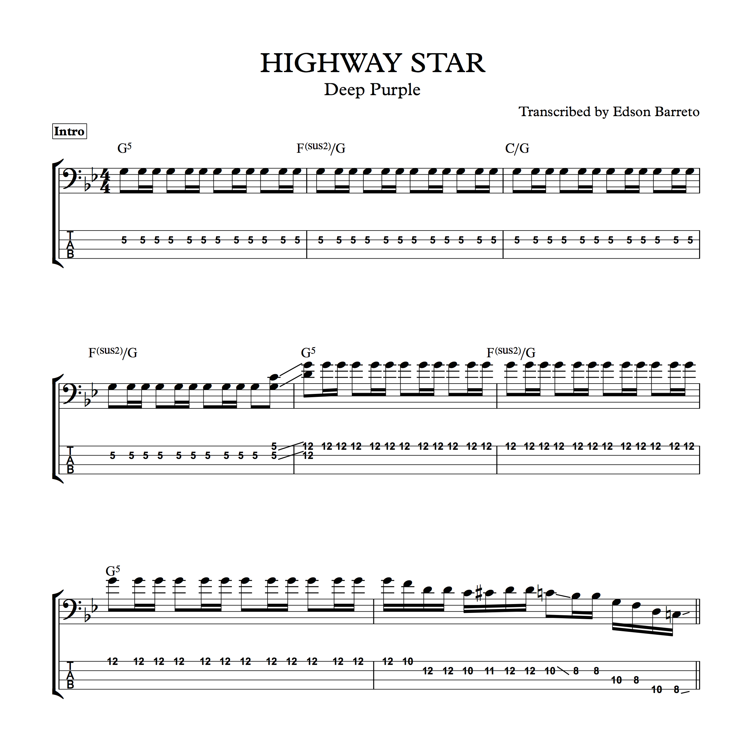 HIGHWAY STAR (Deep Purple) Bass Transcription, Score & Tab Lesson