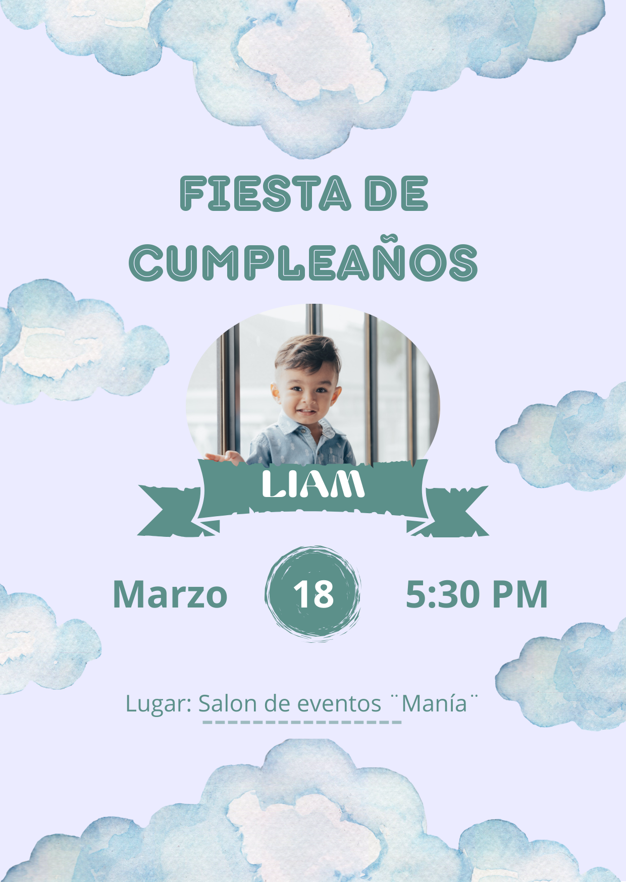 Tarjeta de invitación de nubes para niños/as | Hotmart