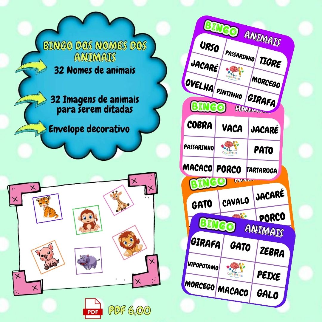 Bingo dos nomes dos animais - Cuca Fresca materiais pedagógicos | H...