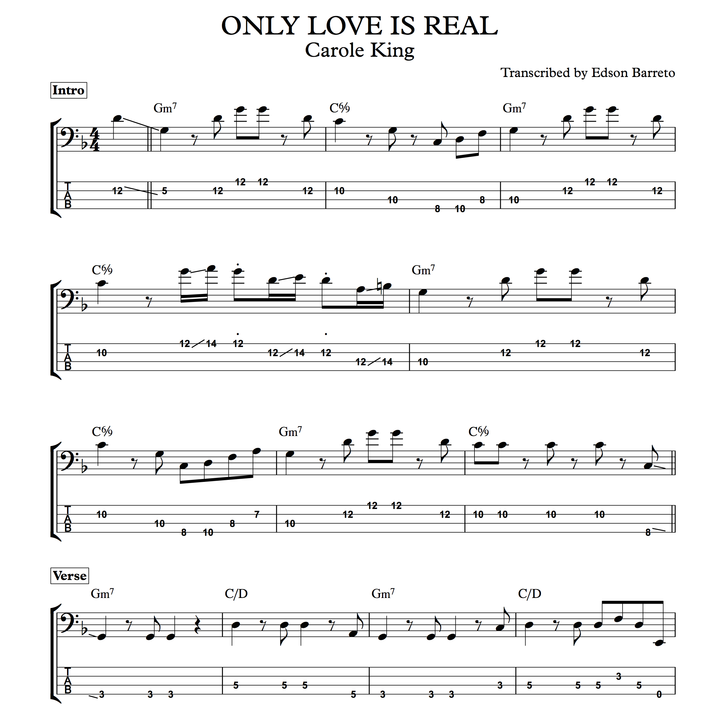 ONLY LOVE IS REAL (Carole King) Bass Transcription, Score & Tab...