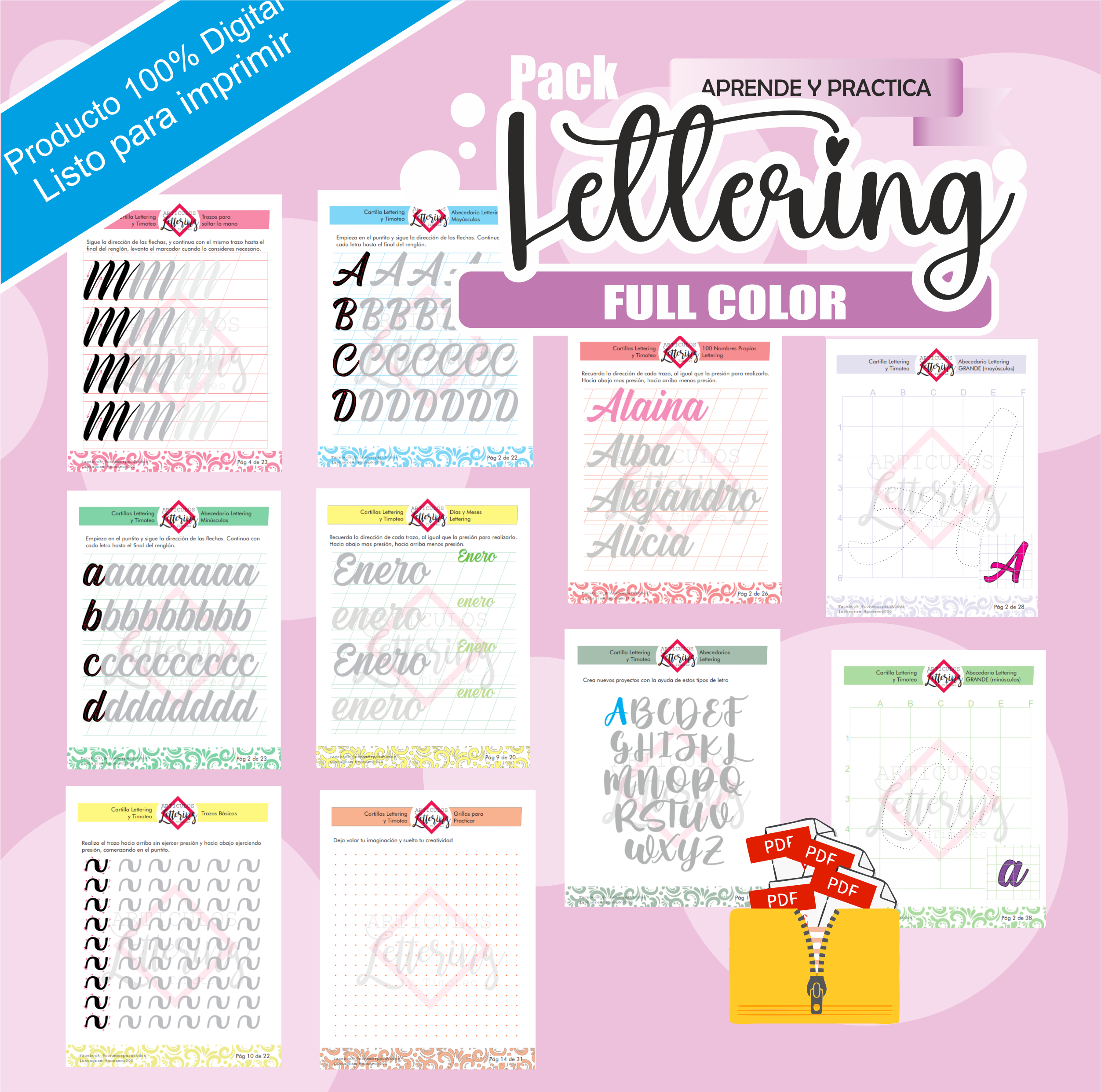 Paquete guias Aprende y practica Lettering desde ceros - Con Amor