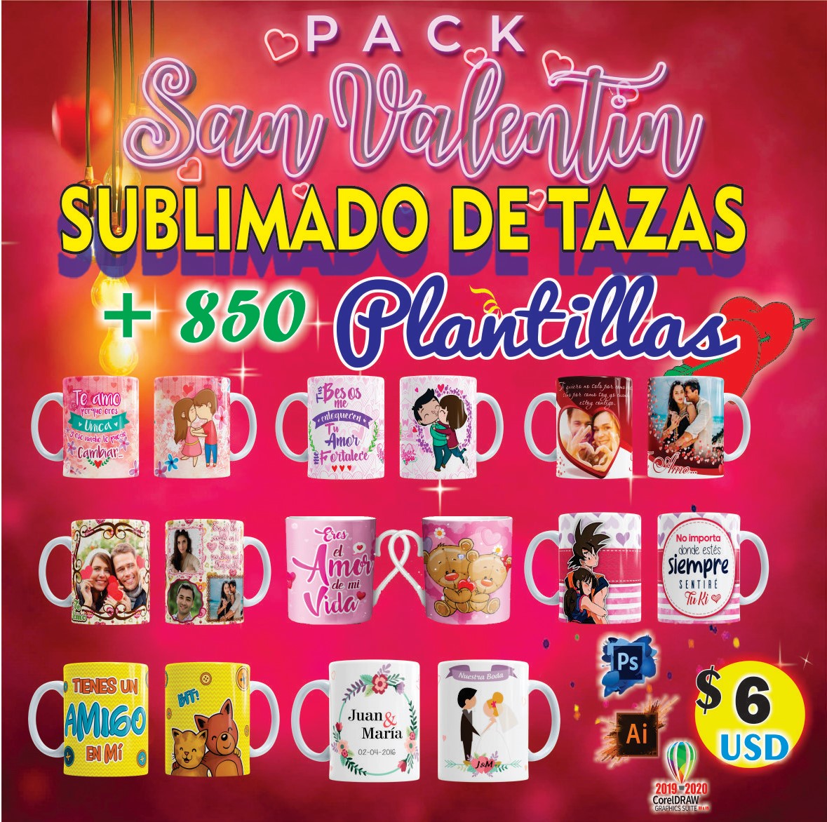 SAN VALENTIN TAZAS PACK 1 PLANTILLAS PARA SUBLIMADOS - DESIGN FRIEN...