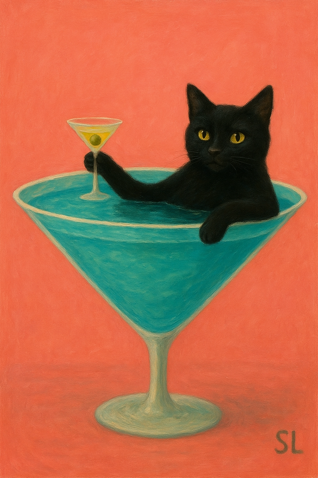 Martini Cat in a martini cup Wall Art Print hand made - ILuminus s...
