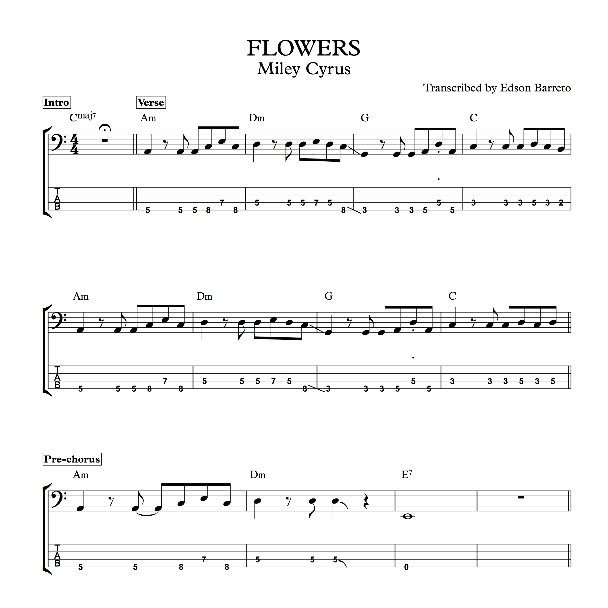 FLOWERS (Miley Cyrus) Bass Transcription, Score & Tab Lesson