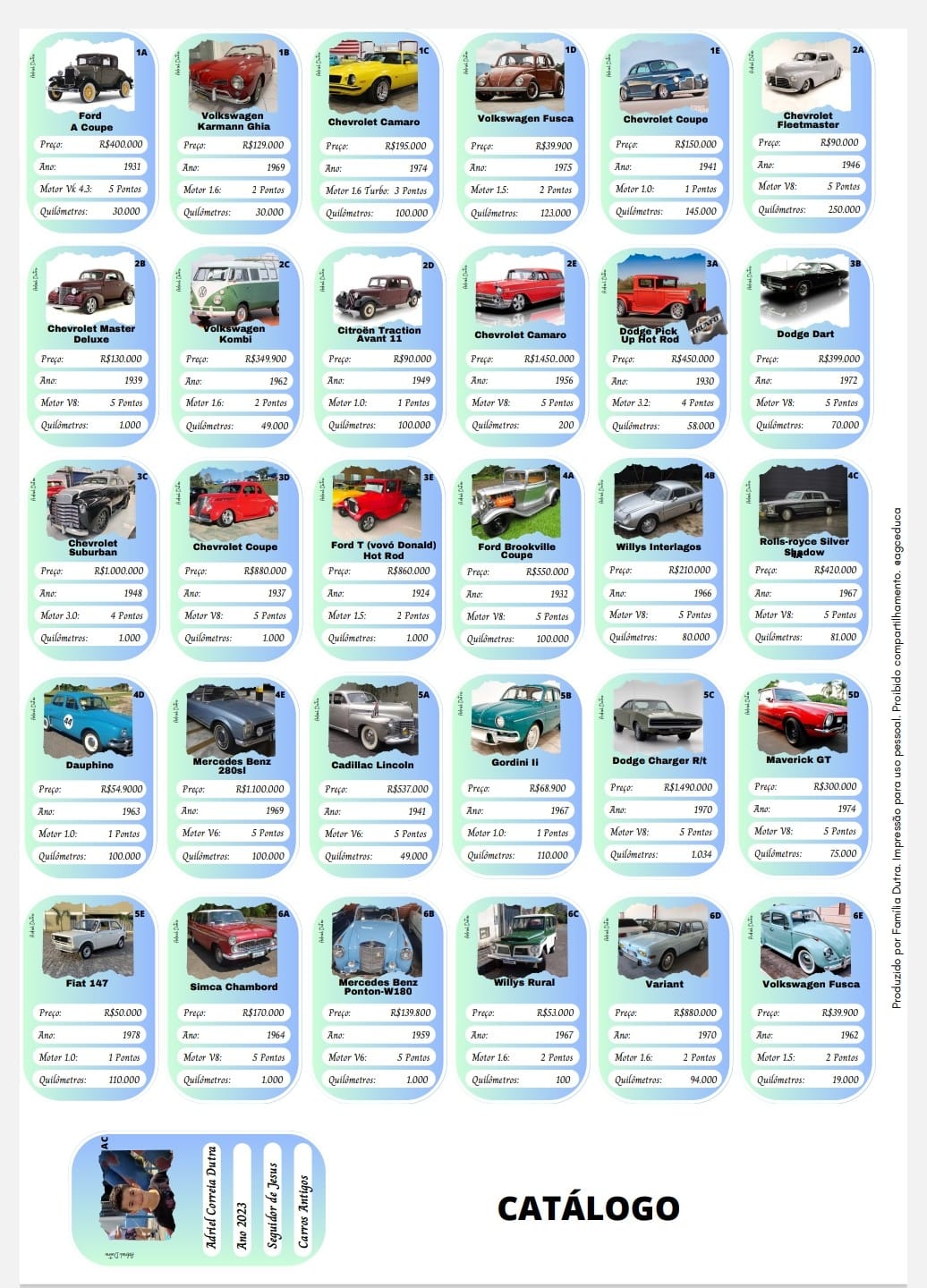 Jogo de Cartas Carros Antigos