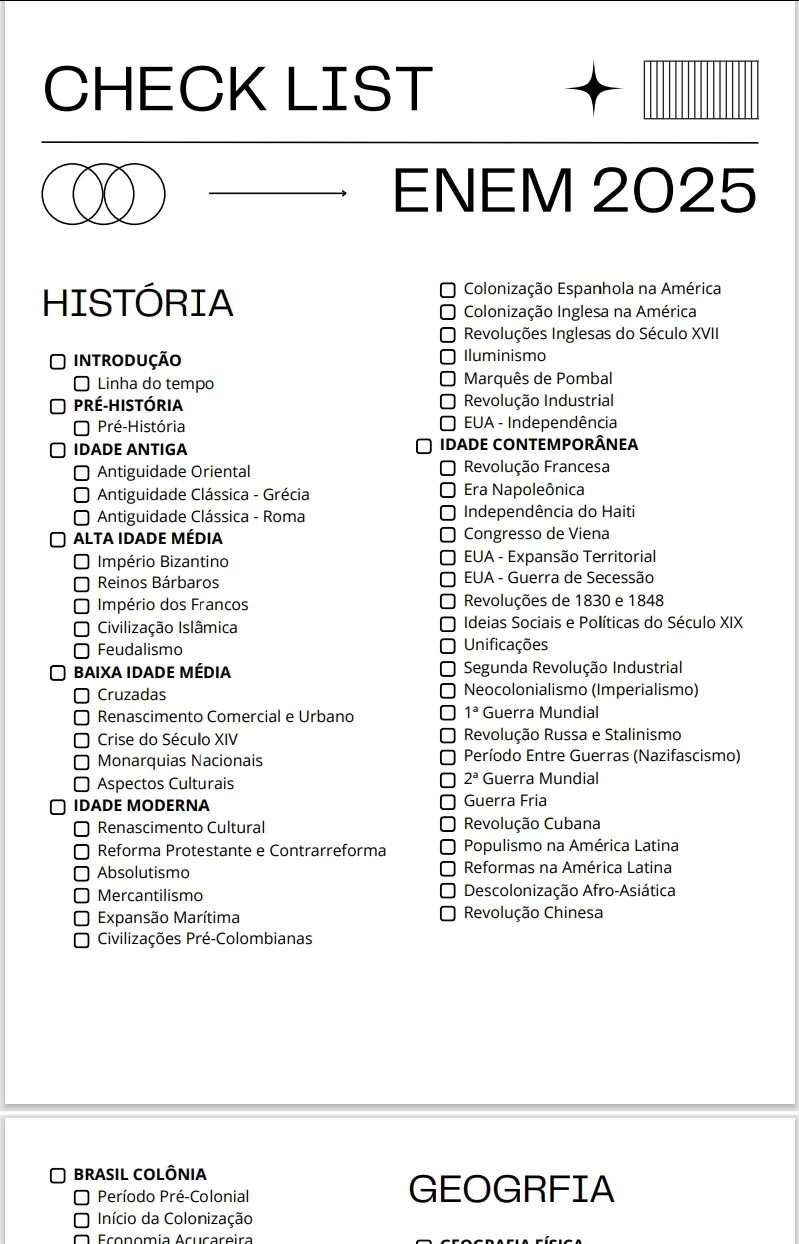 Check List para Estudo ENEM 2025