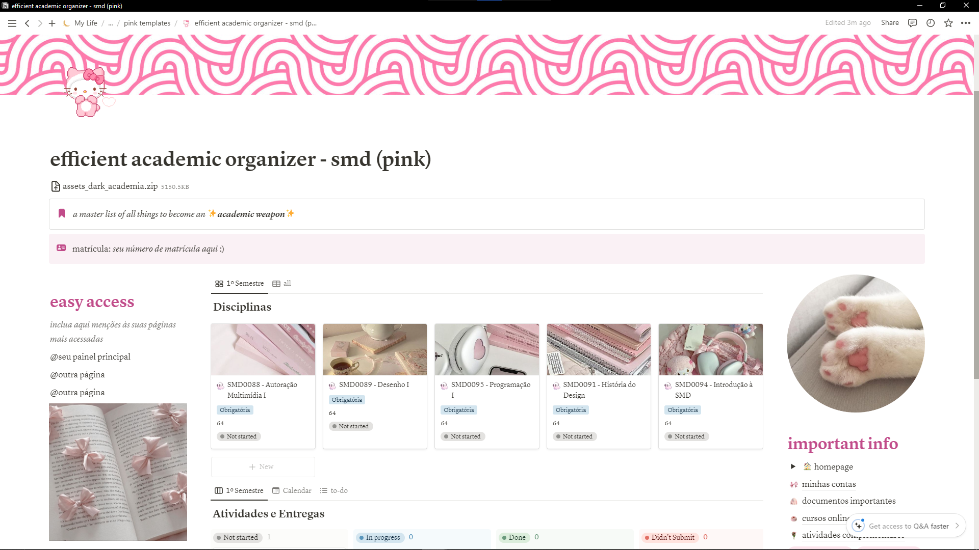 Notion Academic Organizer - SMD (Pink & Cute) - Yanna Torres Go...