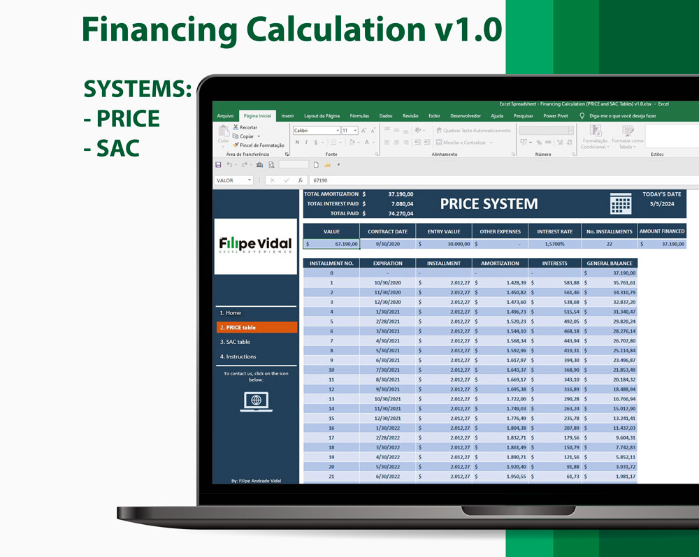 Excel Spreadsheet - Financing Calculation (PRICE and SAC Tables) v1...
