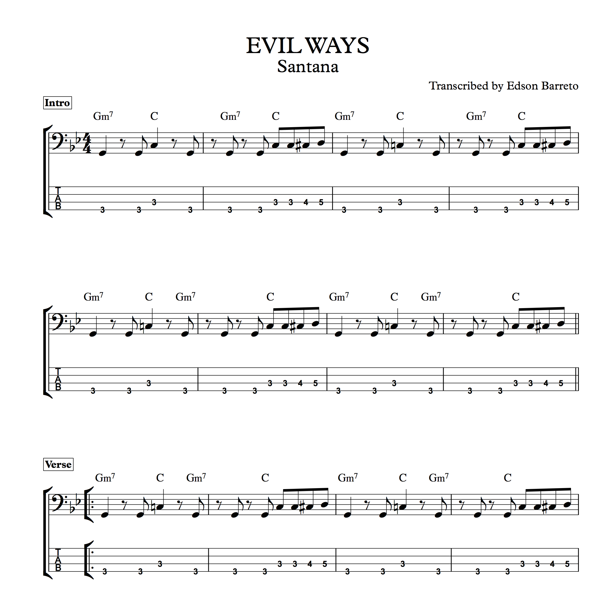 EVIL WAYS (Santana) Bass Transcription, Score & Tab Lesson