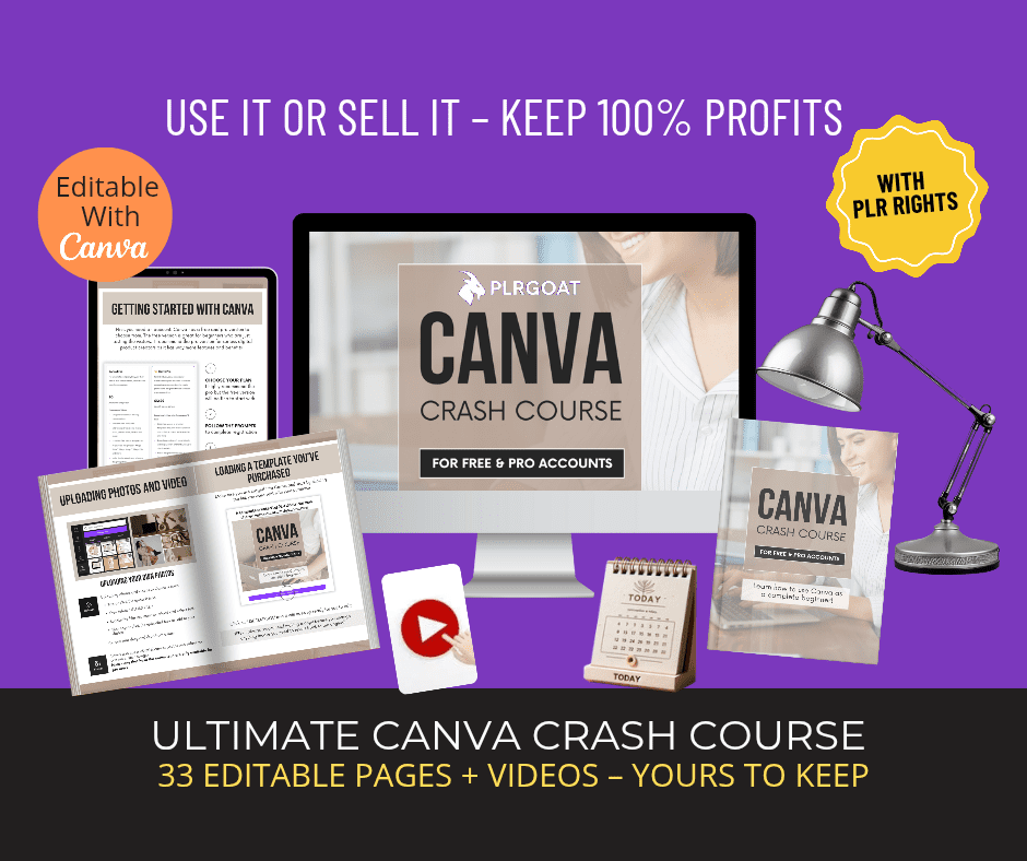 Ultimate Canva Crash Course – 33 Editable Pages + Videos (PLR)