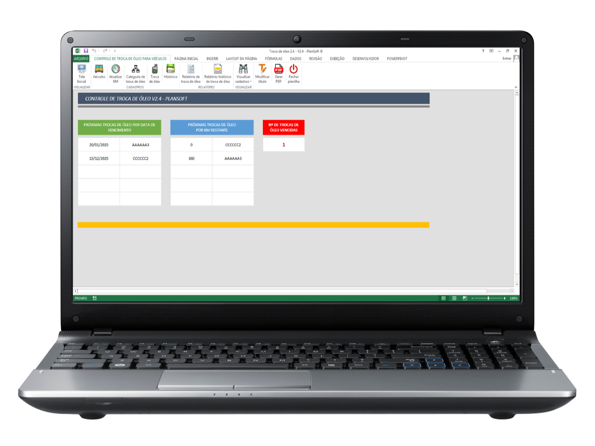 Planilha Excel controle de troca de óleo lubrificante para veículos...
