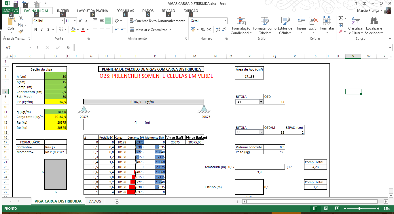 Planilha de Calculo de Vigas com carga distribuida