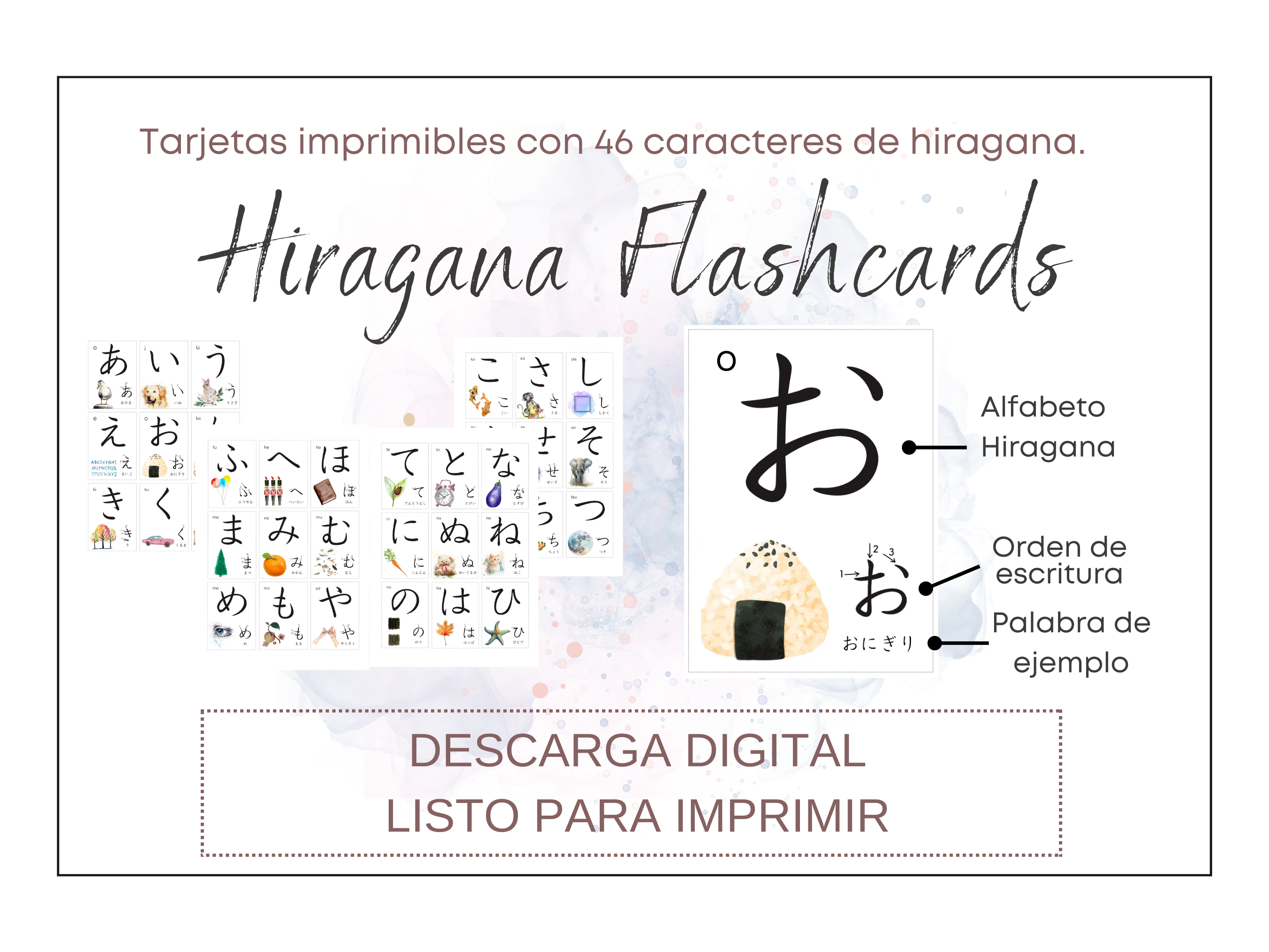 46 tarjetas imprimibles con caracteres de Hiragana. - Studio Koki