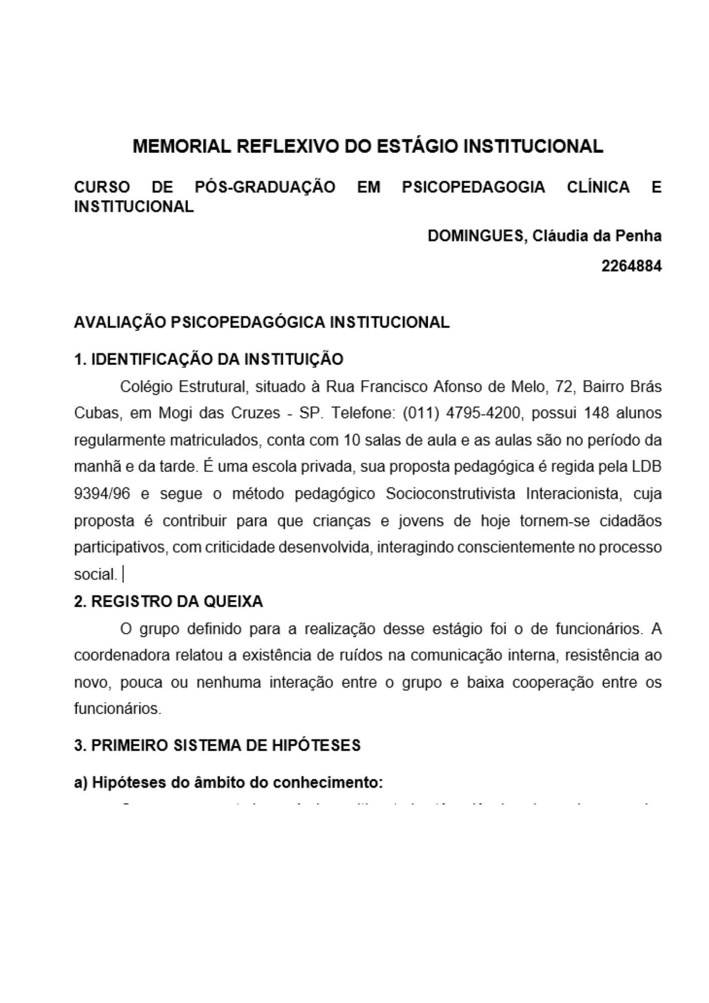 MEMORIAL REFLEXIVO DO ESTÁGIO INSTITUCIONAL - UNINTER - PÓS-GRADUAÇ...