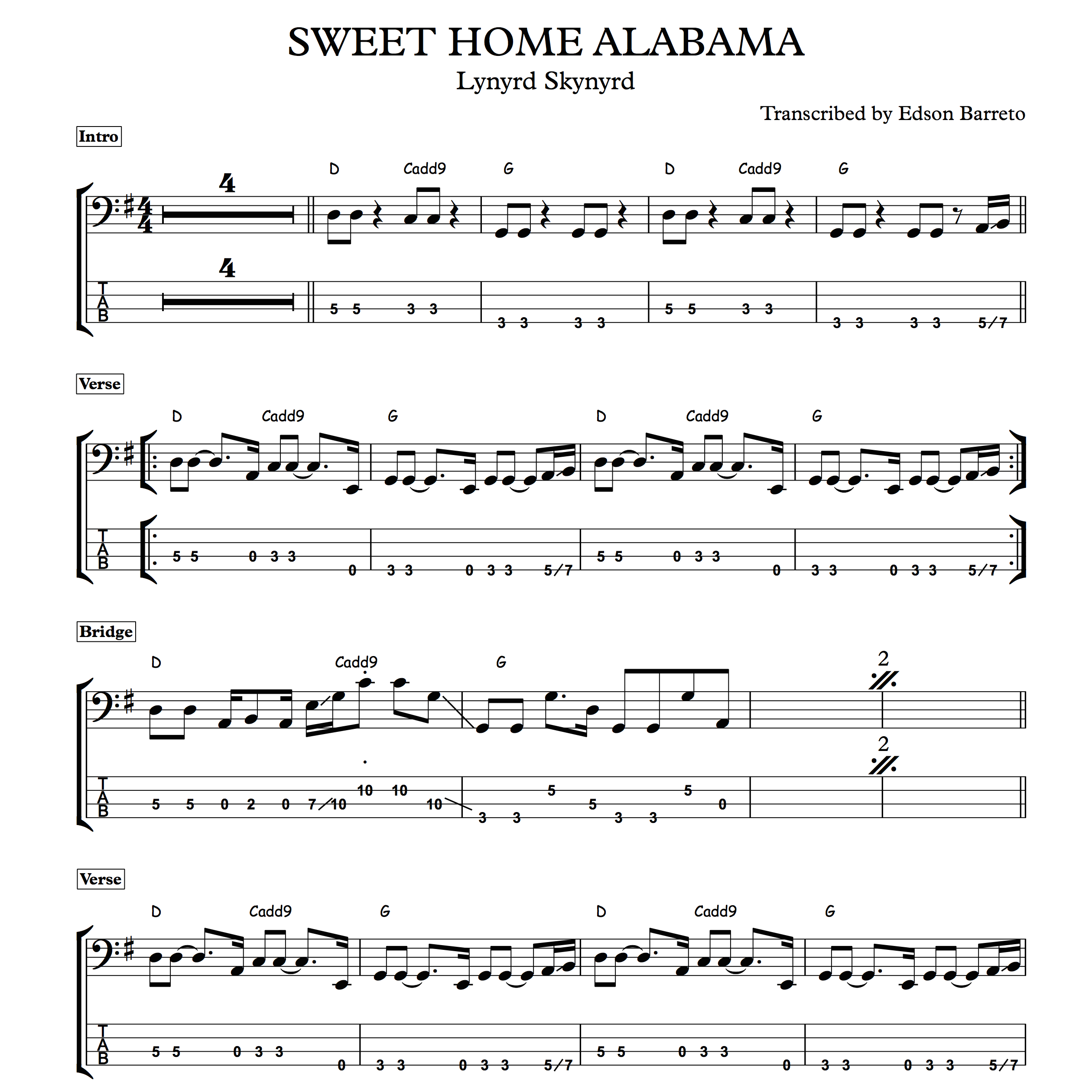 SWEET HOME ALABAMA (Lynyrd Skynyrd) Bass Score & Tab Lesson