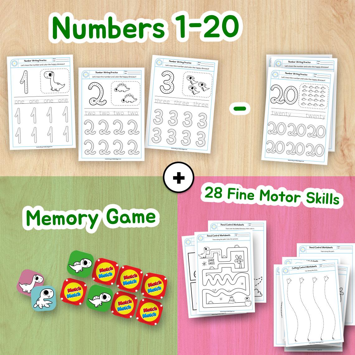 Dinosaur Preschool Printable Bundle - 1-20 Numbers, Fine Motor Skil...