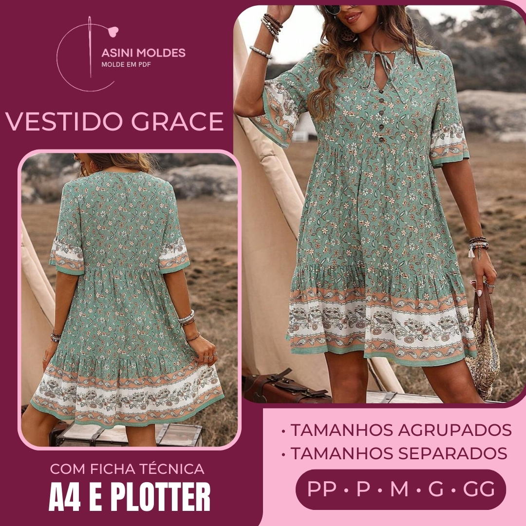 VESTIDO GRACE - Molde em PDF [ MOLDES SEPARADOS POR TAMANHO ] - CA...