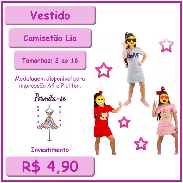 Molde Vestido Camisetão Lia (2 ao 16) - Permita-se Moldes Digitais,...