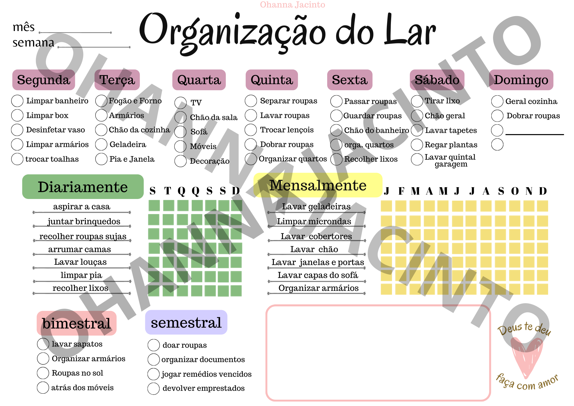 Quadro/planilha Organizando o Lar - OHANNA MARIA DE LIMA JACINTO CO...