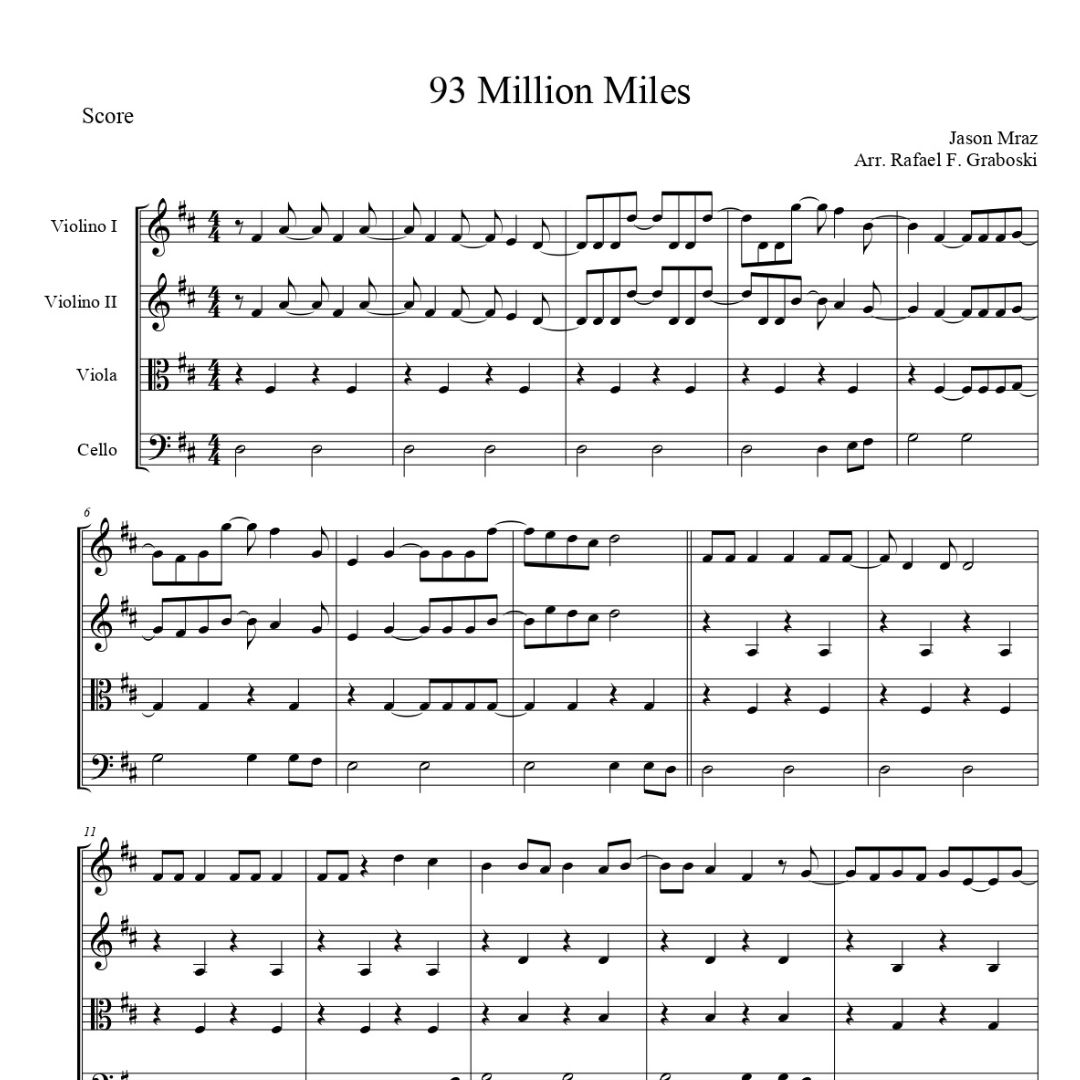 Arranjo da música "93 Million Miles" de Jason Mraz para Quarteto de...