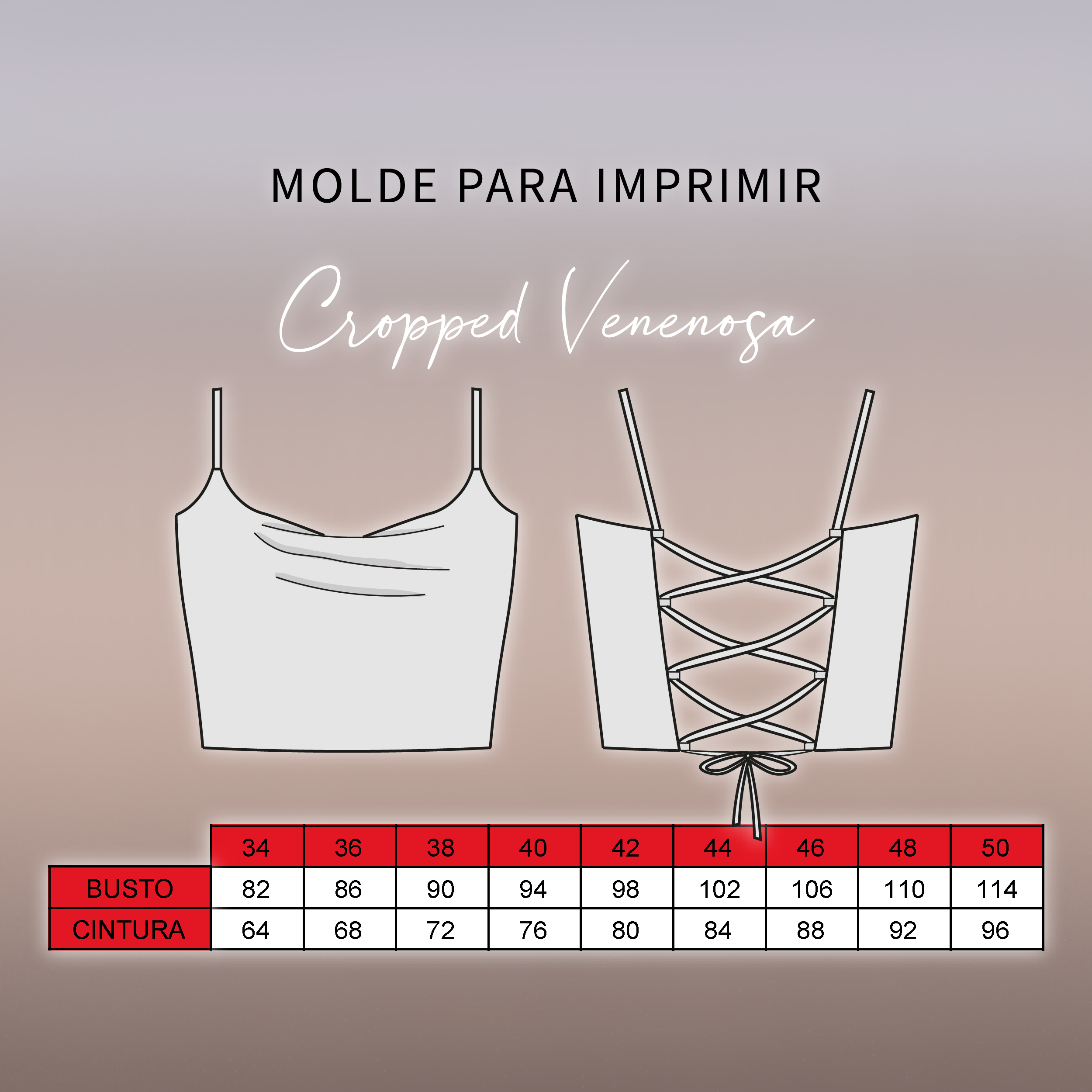 Molde para costura - Cropped Venenosa - 34 ao 50 - Milene de Olivei...