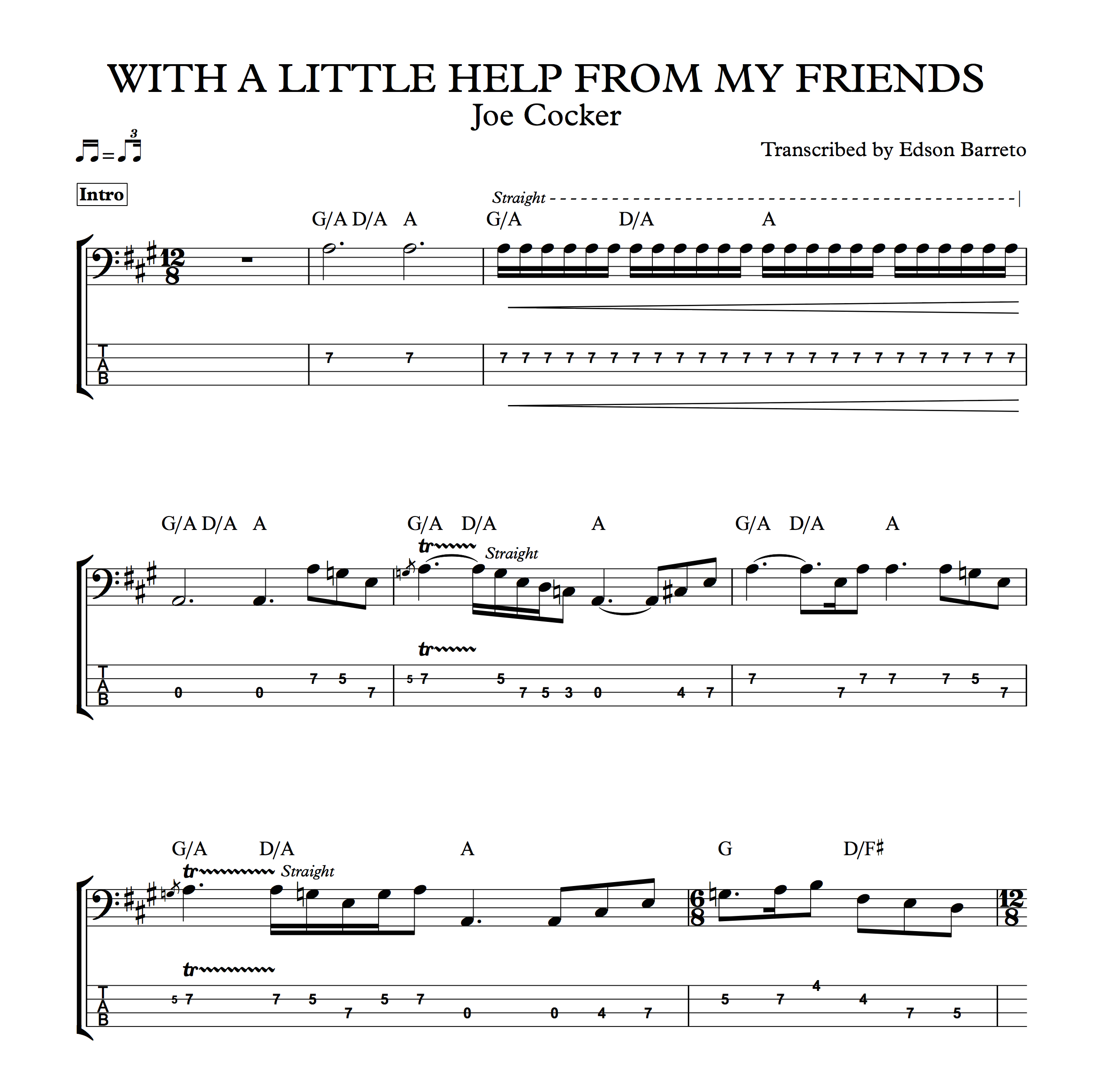 WITH A LITTLE HELP FROM MY FRIENDS (Joe Cocker) Bass Transcription,...