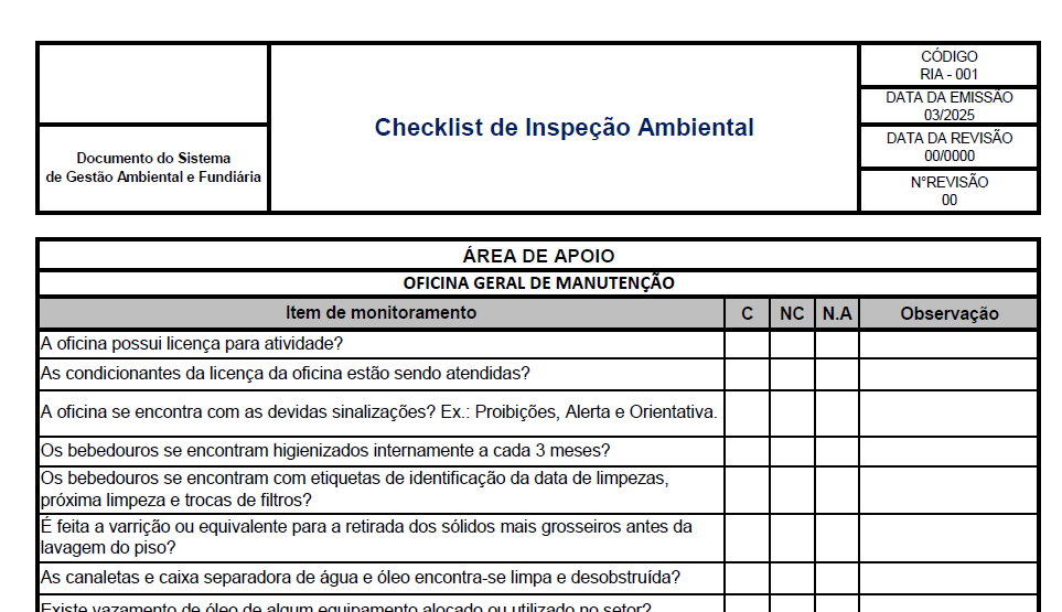 Checklist de Inspeção Ambiental - Área de Apoio – Oficina Geral de ...