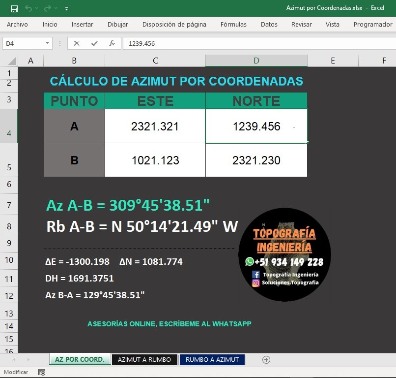 TOPOGRAFÍA: CÁLCULO DE AZIMUT Y RUMBO CON COORDENADAS - Pedro Huam...