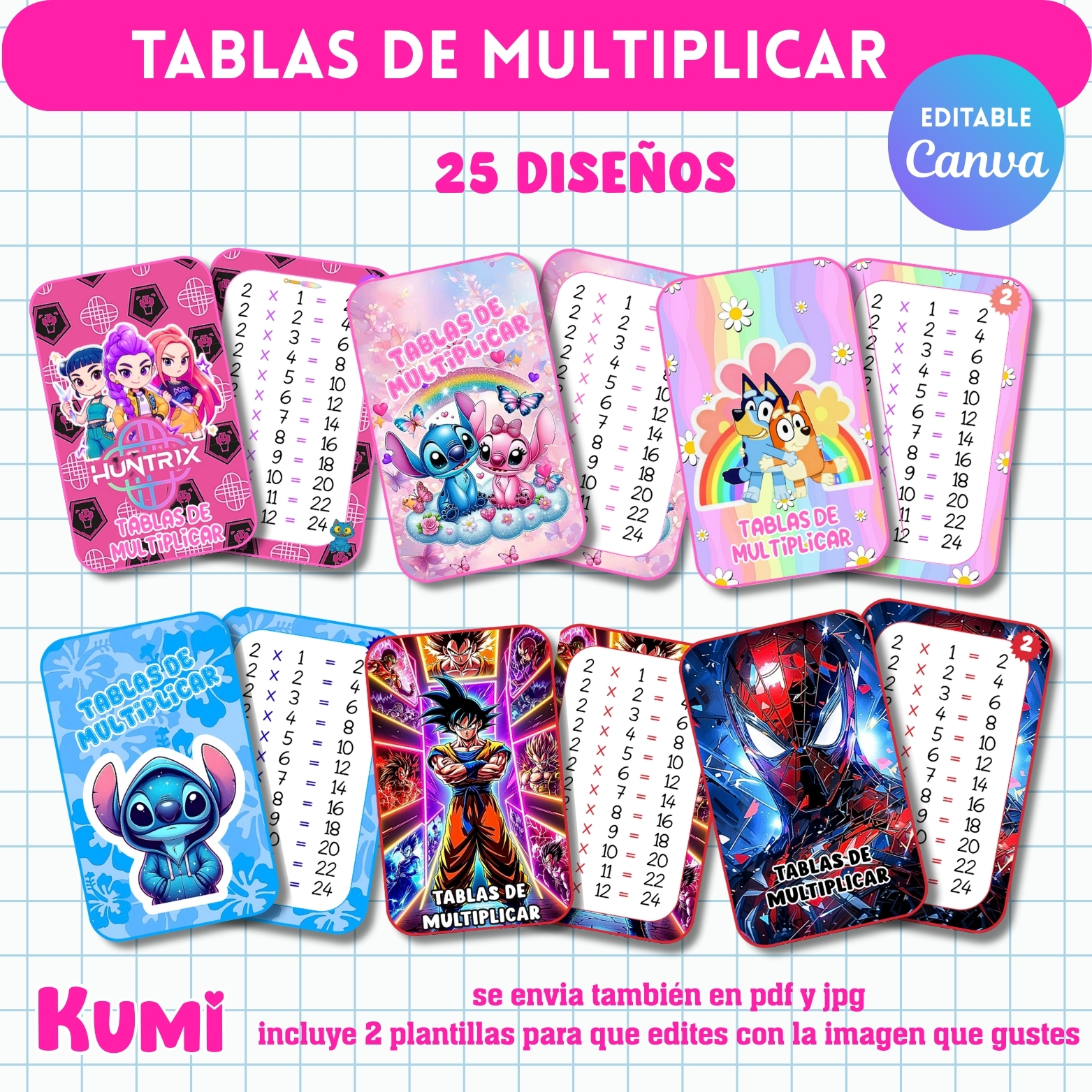 Plantillas de tablas de multiplicar editables en canva 25 diseños