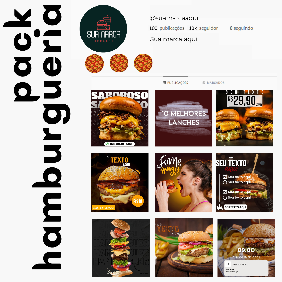 Pack de imagens editáveis para o Canva - Hamburgueria - Juliana Mon...