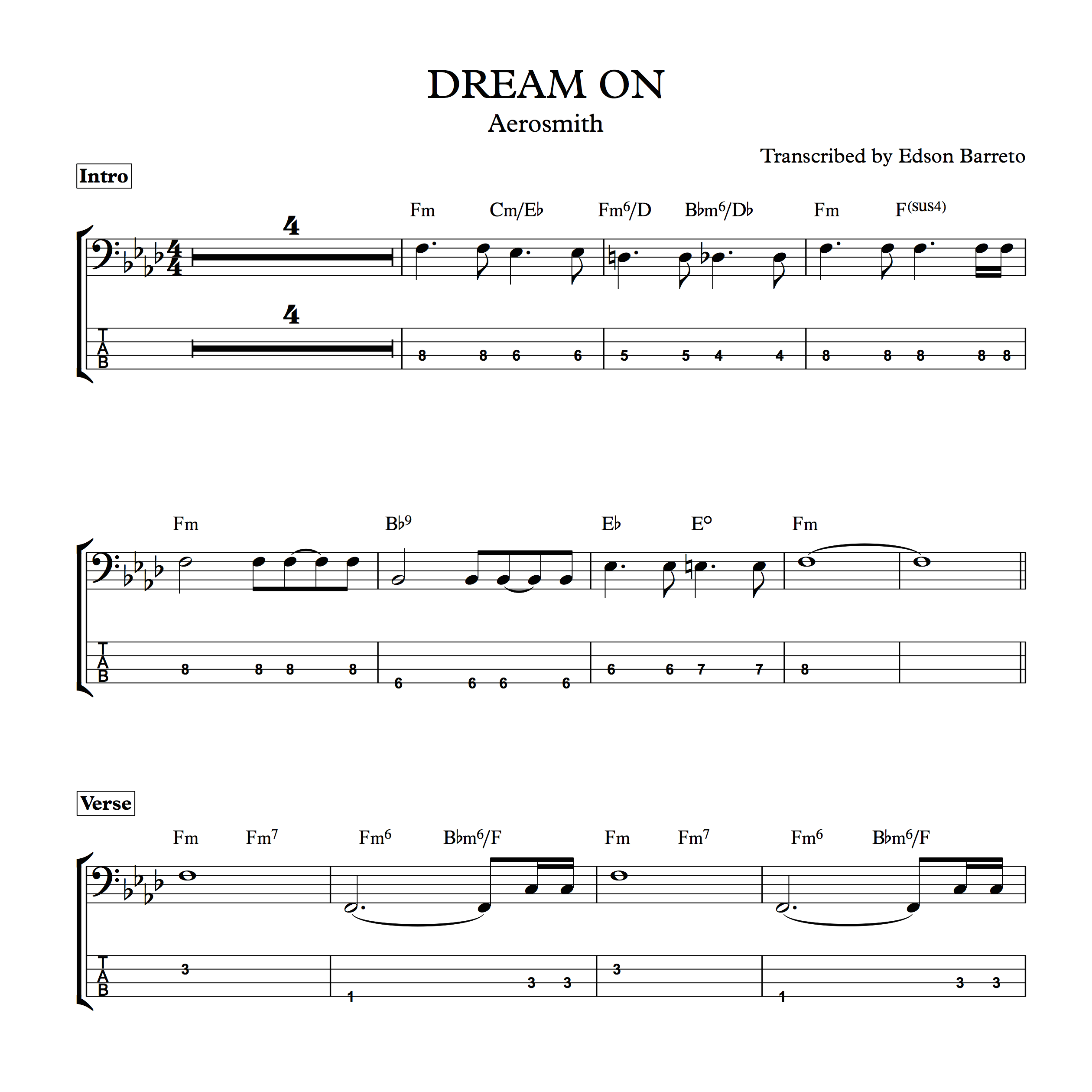 DREAM ON (Aerosmith) Bass Transcription, Score & Tab Lesson - E...