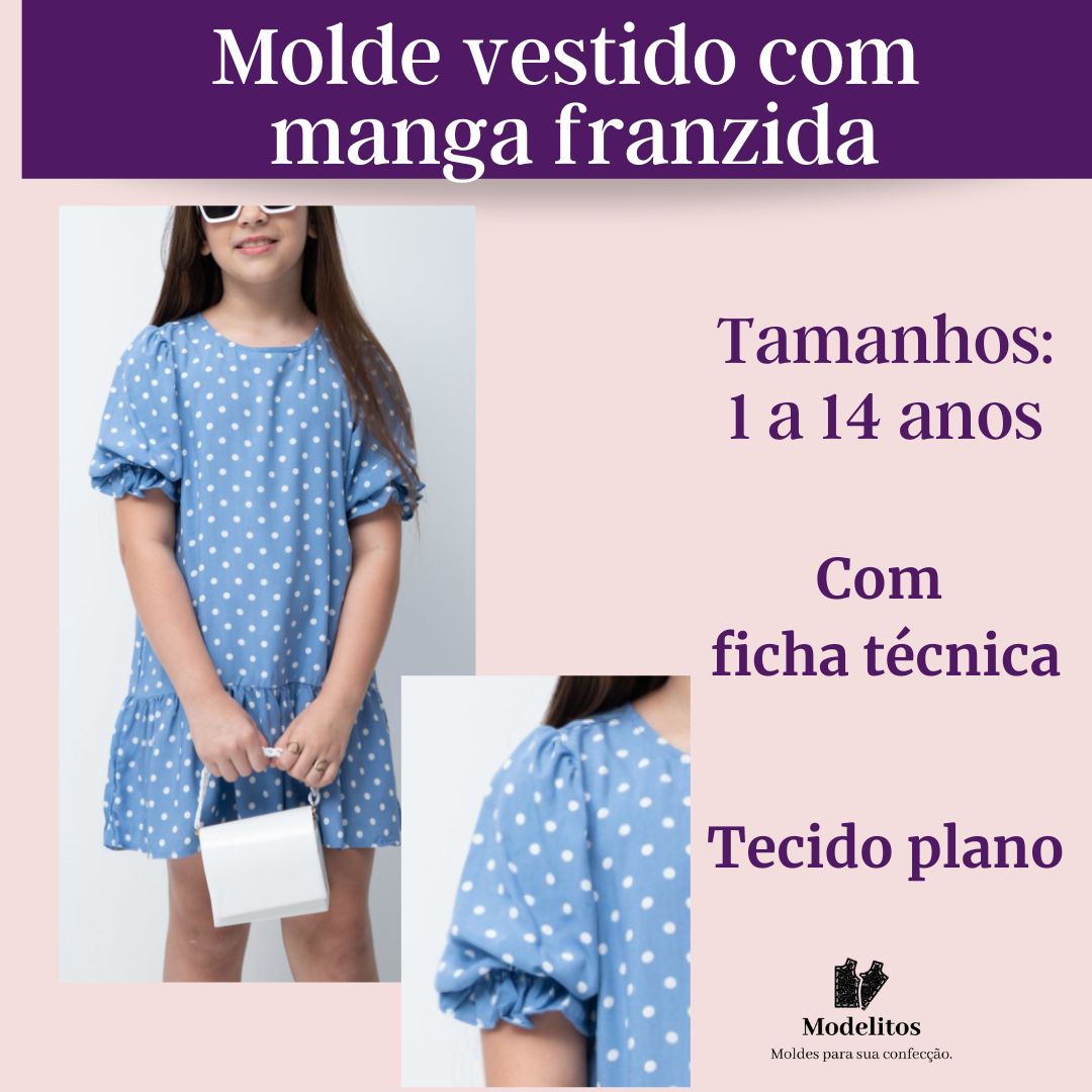 molde vestido com manga franzida - Modelitos Moldes | Hotmart