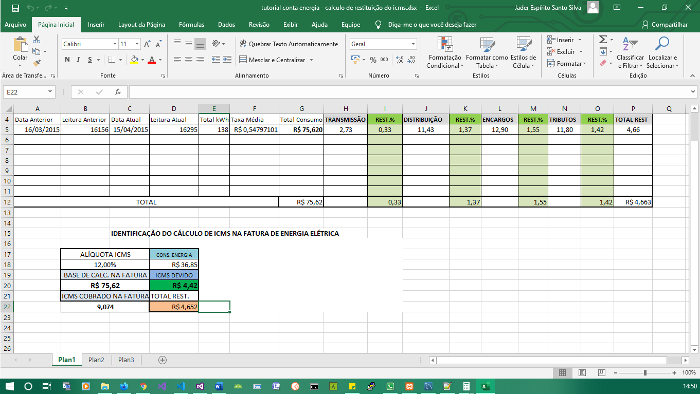 Planilha para cálculo de restituição icms indevido conta de energia...