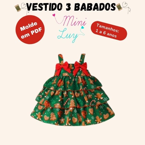 Molde Vestido 3 Babados Infantil Graduado de 1 Ano até 6 Anos - Min...