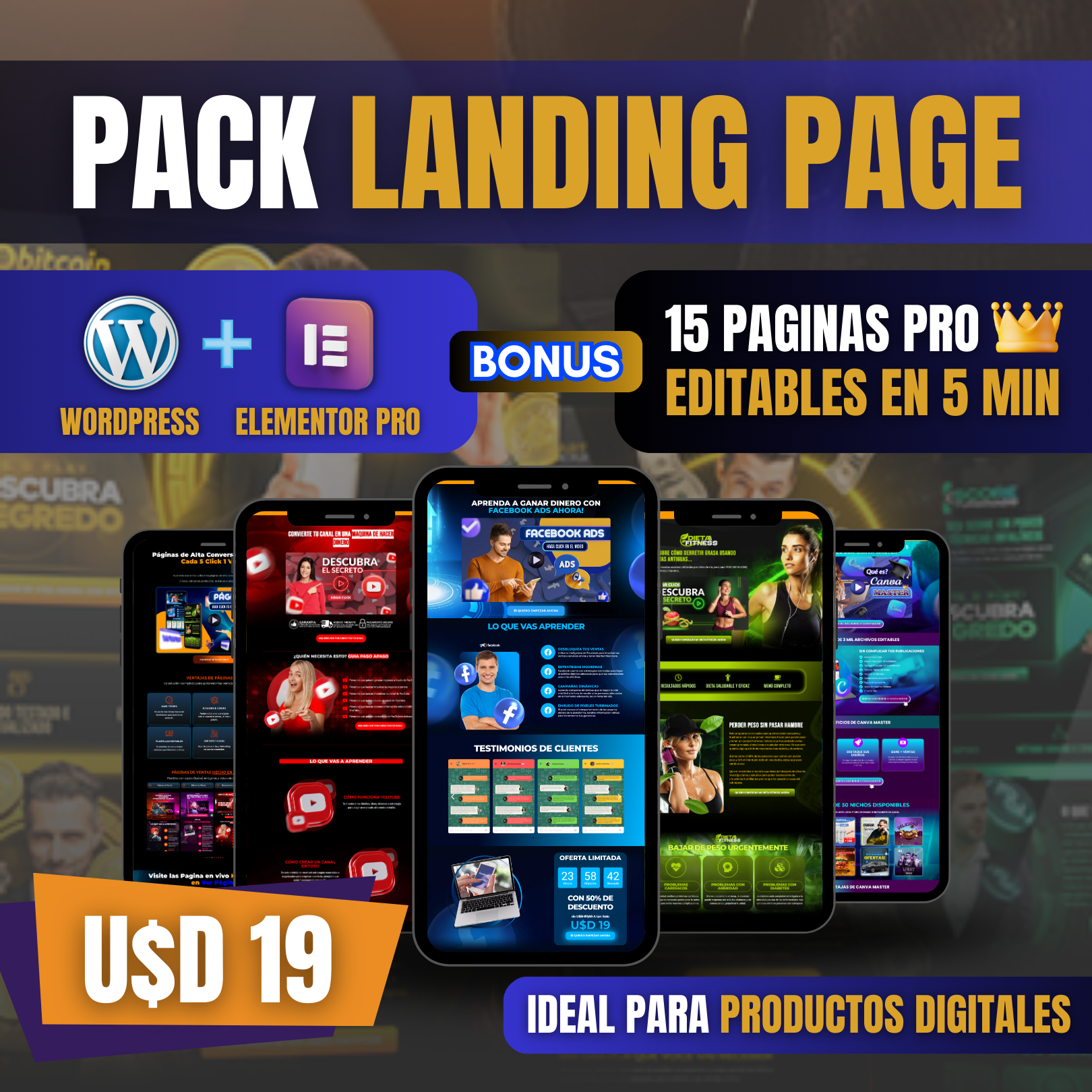 Pack Landing Page Pro para WordPress + Elementor Pro + Canva Pro.
