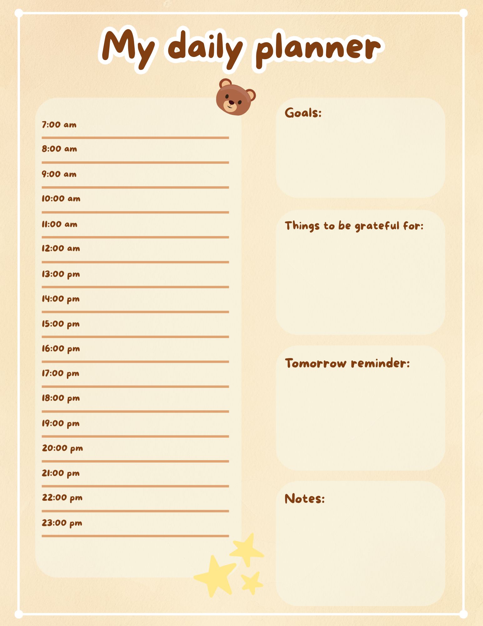 Non-editable Teddy Bear-themed Daily Planner Template with a minima...