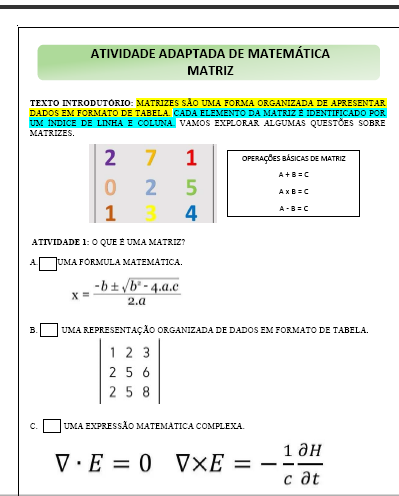 Atividade adaptada de matemática Matriz - Cantinho da Inclusão | H...