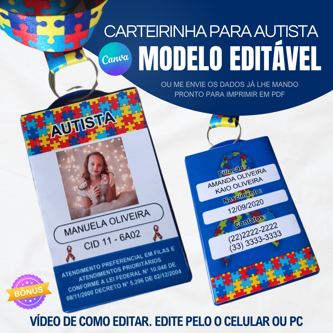 Crachá Carteirinha para Autistas Modelo Editável (CANVA)+ Vídeo de ...