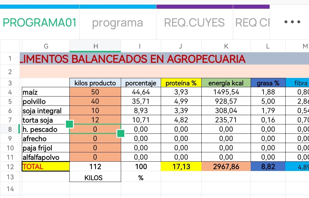 Mini software en Excel, para helaborar fórmulas para crianza animal
