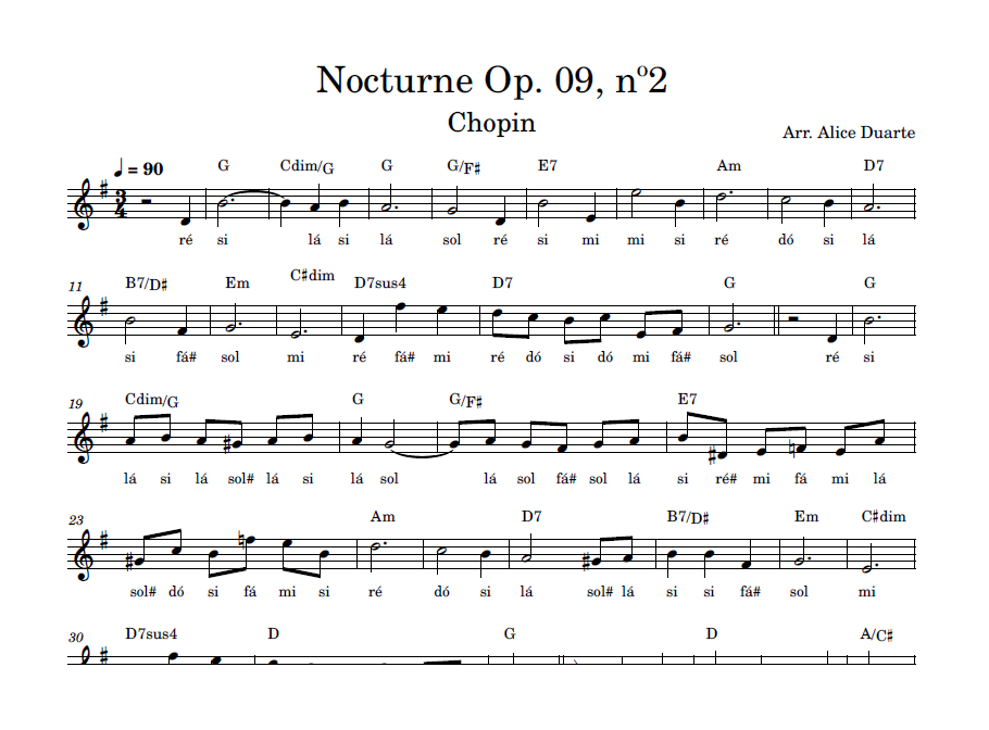 Nocturne Op.09, nº2 (Chopin) | Partitura Facilitada em Sol Maior